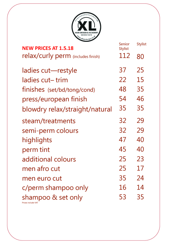 XL A4_price_list_as_at_May18 • XL Hair Design